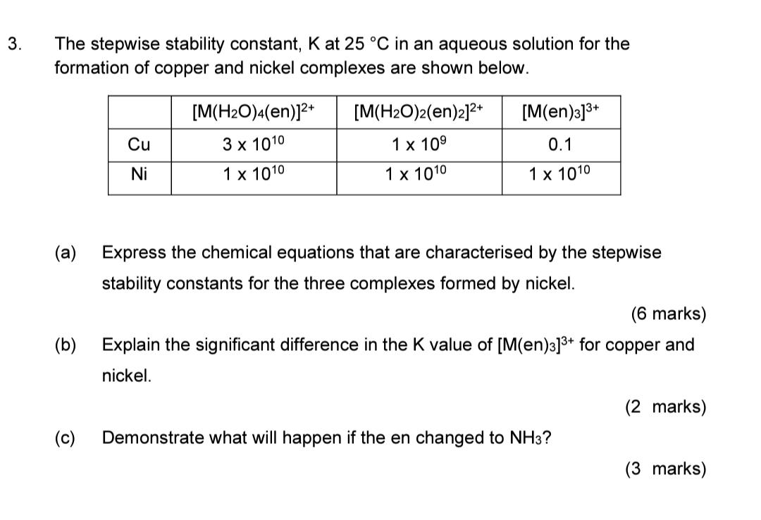 Solved 3. The stepwise stability constant, K at 25 °C in an | Chegg.com