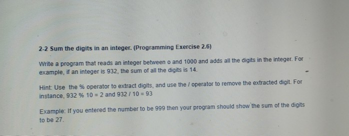 Solved 2-2 Sum the digits in an integer. (Programming | Chegg.com