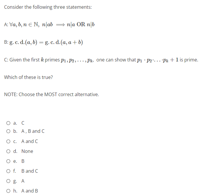 Solved Consider the following three statements: A: Va, b, n | Chegg.com