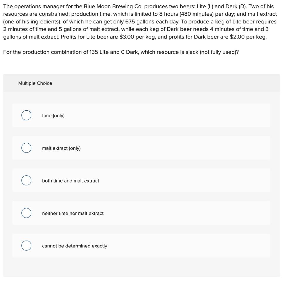 Solved The operations manager for the Blue Moon Brewing Co. | Chegg.com