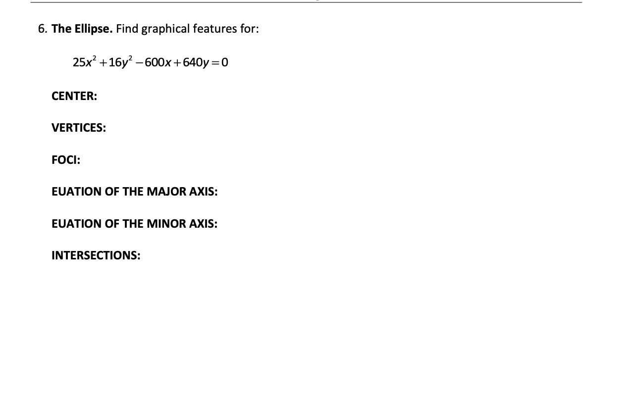 Solved 6. The Ellipse. Find graphical features for: | Chegg.com