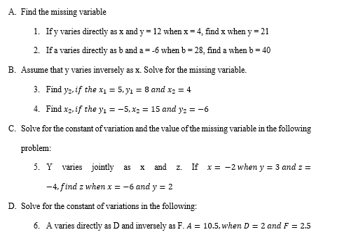 Solved A. Find the missing variable 1. If y varies directly | Chegg.com