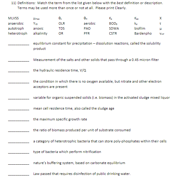 Solved 11) Definitions: Match the term from the list given | Chegg.com