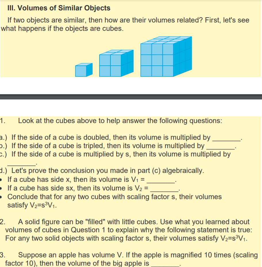Solved III. Volumes of Similar Objects If two objects are | Chegg.com