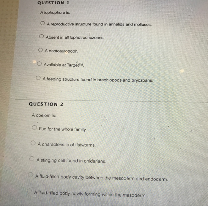 Solved QUESTION 1 A lophophore is: O A reproductive | Chegg.com