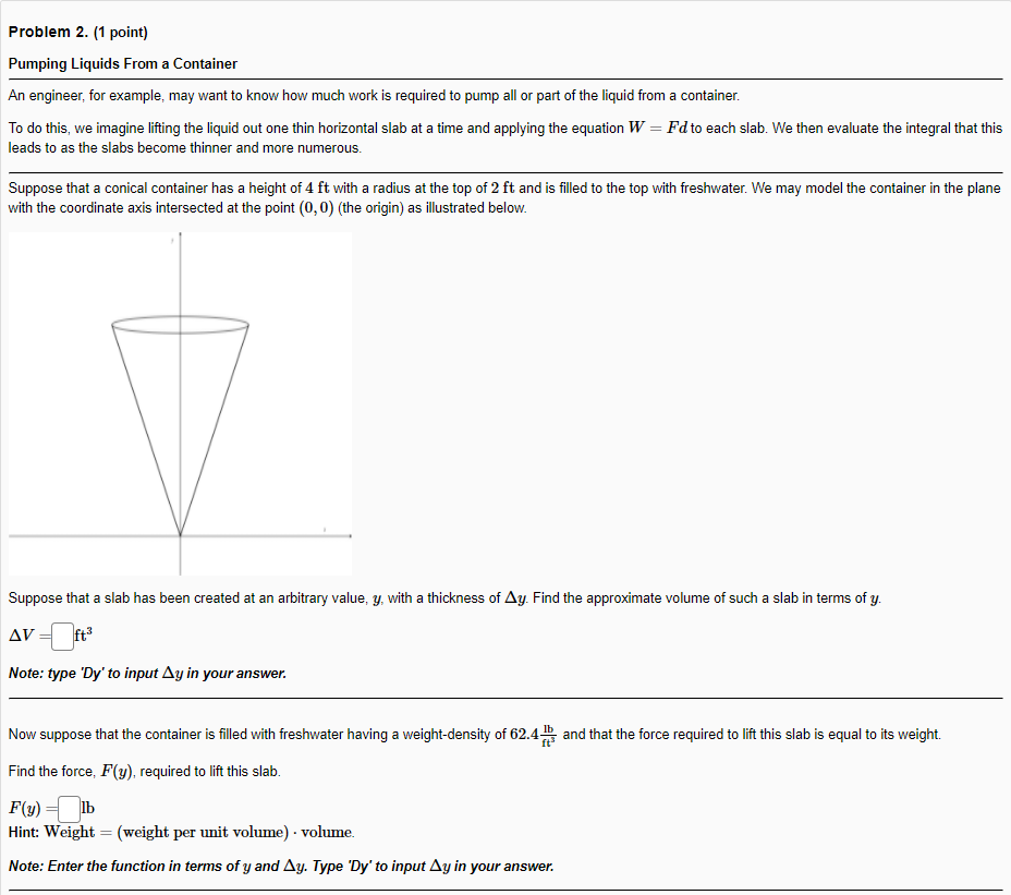 Solved Problem 2. (1 point) Pumping Liquids From a Container | Chegg.com