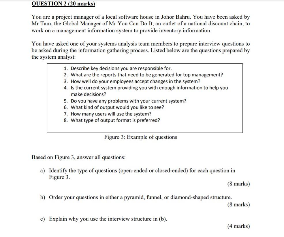 Solved QUESTION 2 (20 marks) You are a project manager of a | Chegg.com