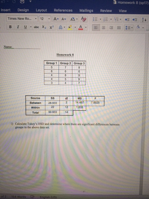 Solved Calculate Tukey's HSD and determine where there are | Chegg.com