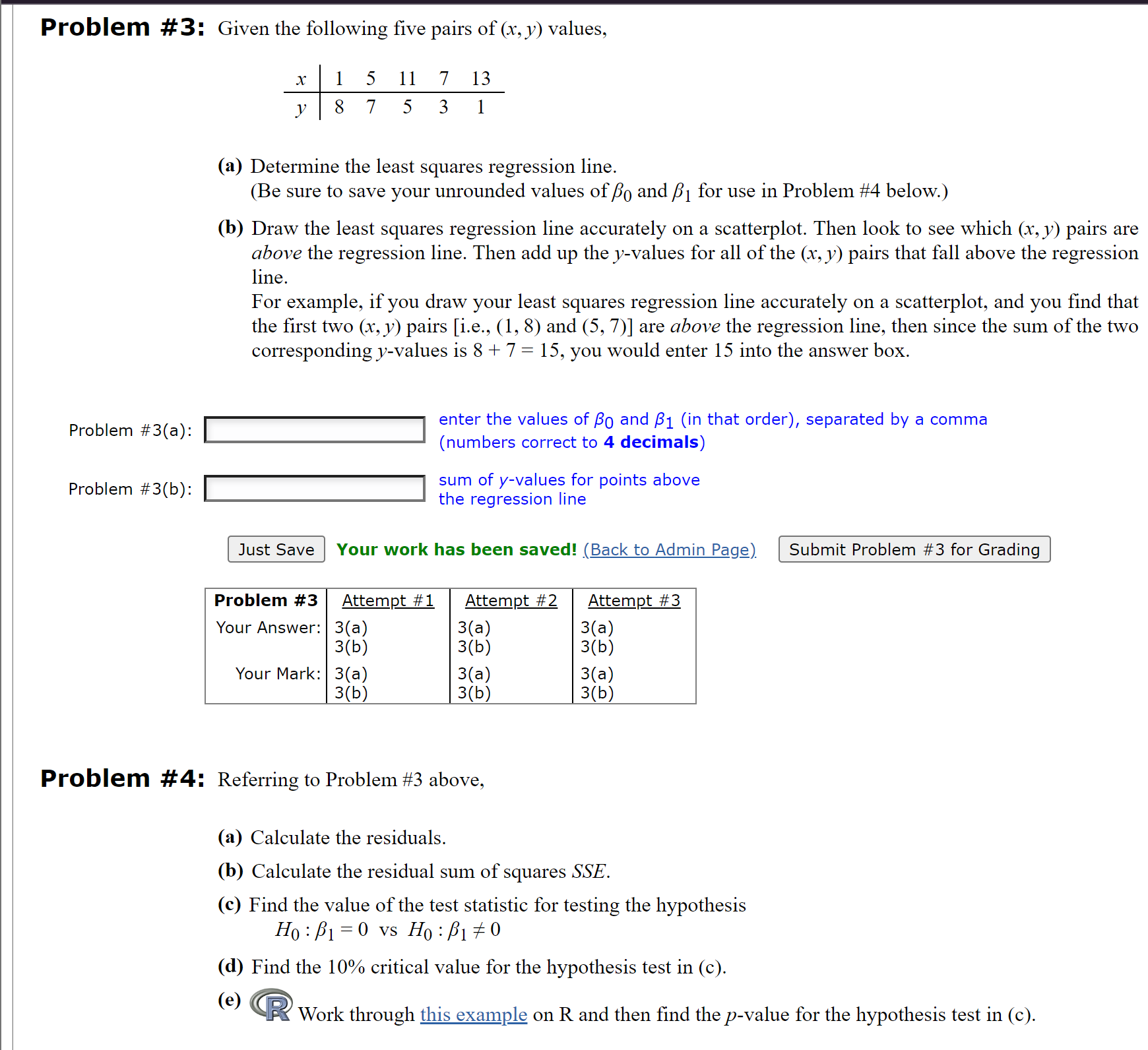 Problem \#3: Given the following five pairs of (x,y) | Chegg.com