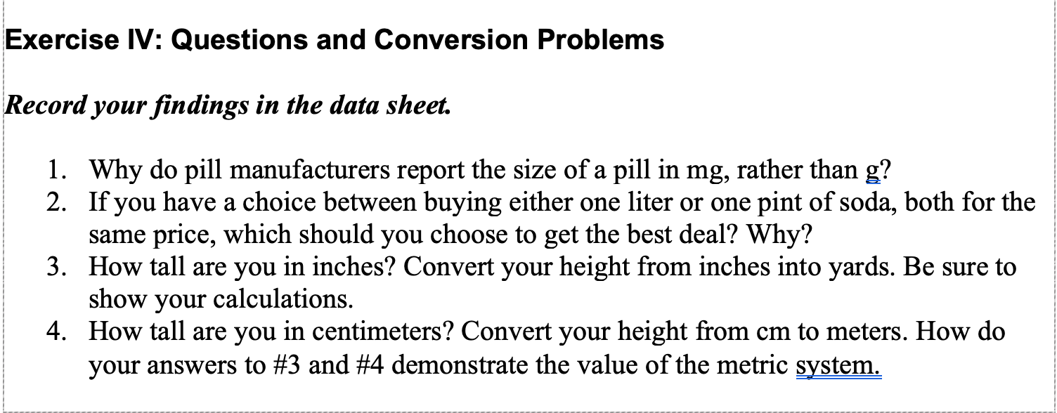 Solved Exercise IV: Questions and Conversion Problems Record | Chegg.com