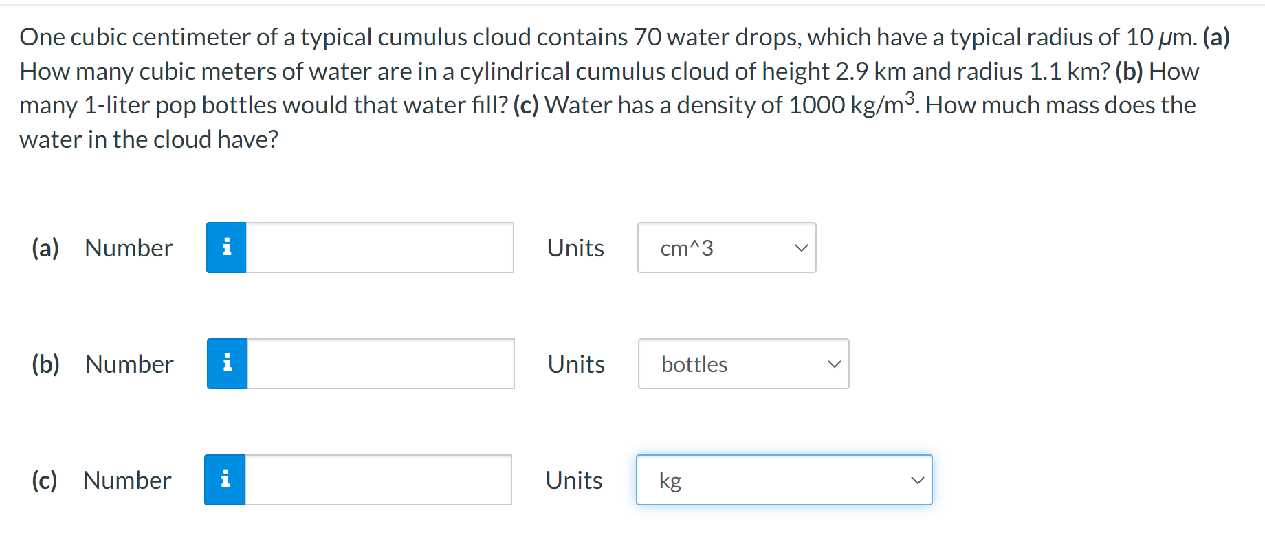 Solved One cubic centimeter of a typical cumulus cloud | Chegg.com