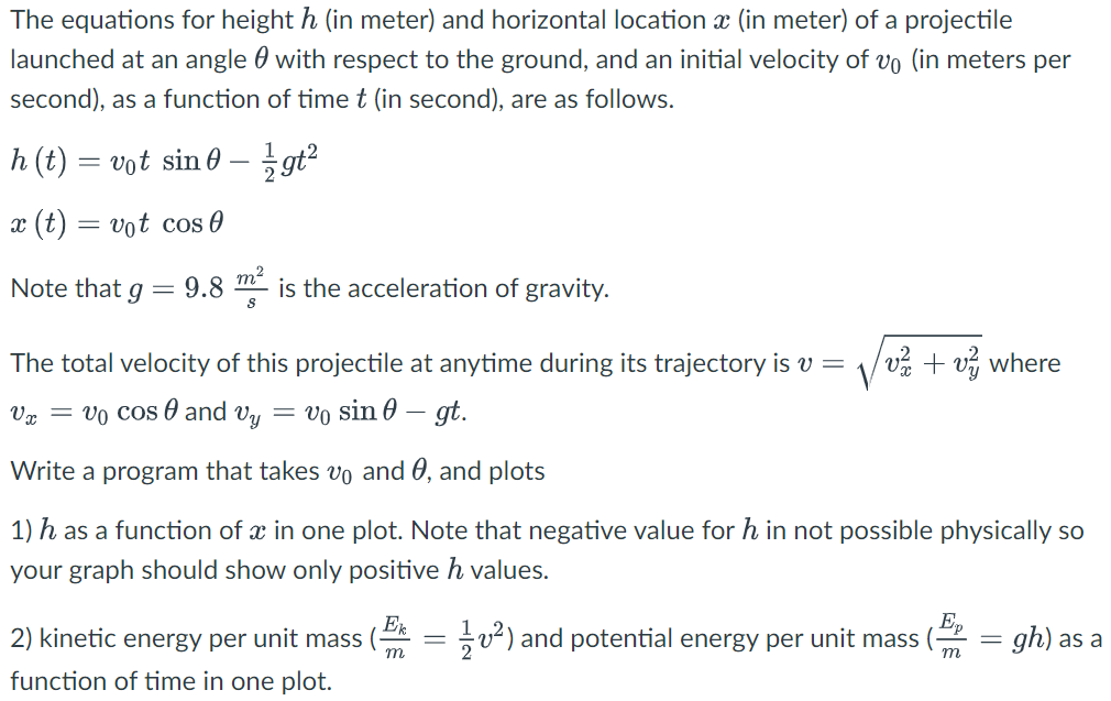 Solved The equations for height h (in meter) and horizontal | Chegg.com