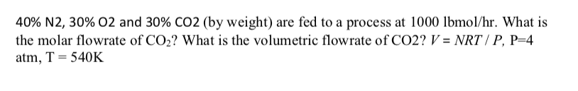 Solved 40% N2, 30% O2 and 30% CO2 (by weight) are fed to a | Chegg.com
