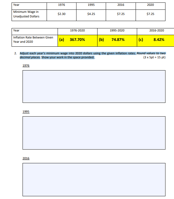 Solved Adjust Each Years Minimum Wage Into 2020 Dollars 5702