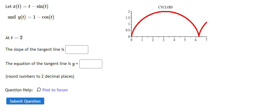 Solved Let x(t)=t−sin(t) and y(t)=1−cos(t) At t=2 The slope | Chegg.com
