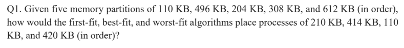 Solved Q1. Given five memory partitions of 110 KB, 496 KB, | Chegg.com