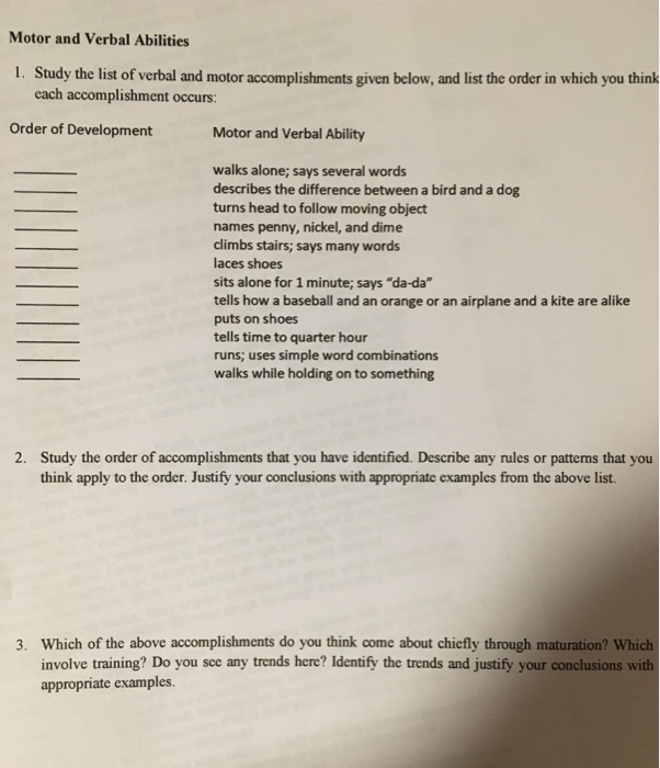 Solved Motor and Verbal Abilities 1. Study the list of | Chegg.com