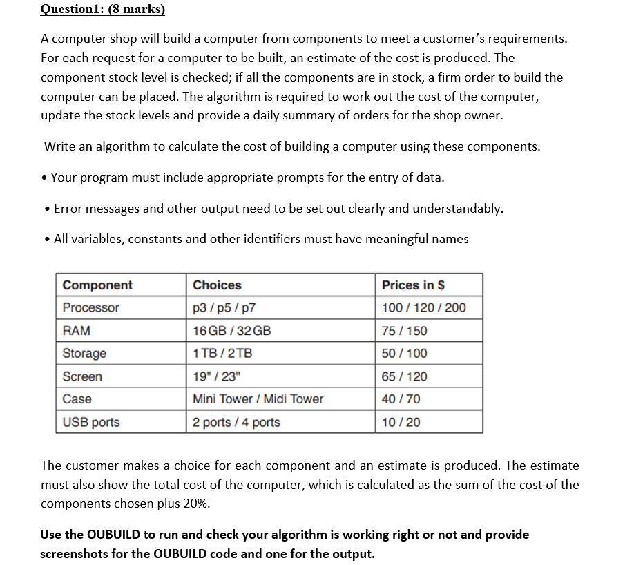 Solved Question1: (8 marks) A computer shop will build a | Chegg.com