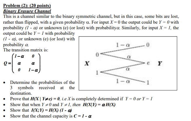 Solved Problem (2): (20 points) Binary Erasure Channel This | Chegg.com Solved Problem (2): (20 points) Binary Erasure Channel This | Chegg.com