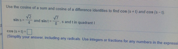 Solved Use the cosine of a sum and cosine of a difference | Chegg.com