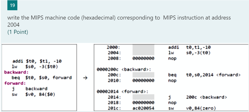 Solved 19 write the MIPS machine code (hexadecimal) | Chegg.com Solved 19 write the MIPS machine code (hexadecimal) | Chegg.com