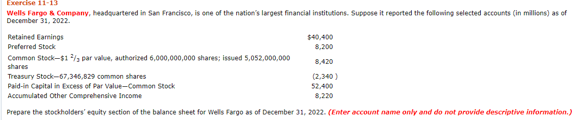 Solved Exercise 11-13 Wells Fargo & Company, headquartered | Chegg.com
