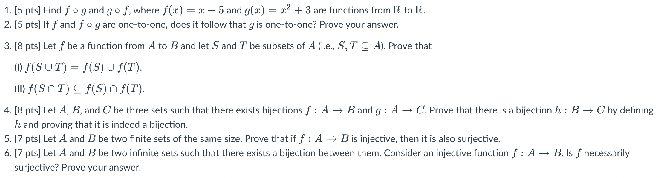 Solved 1. [5 pts] Find f∘g and g∘f, where f(x)=x−5 and | Chegg.com