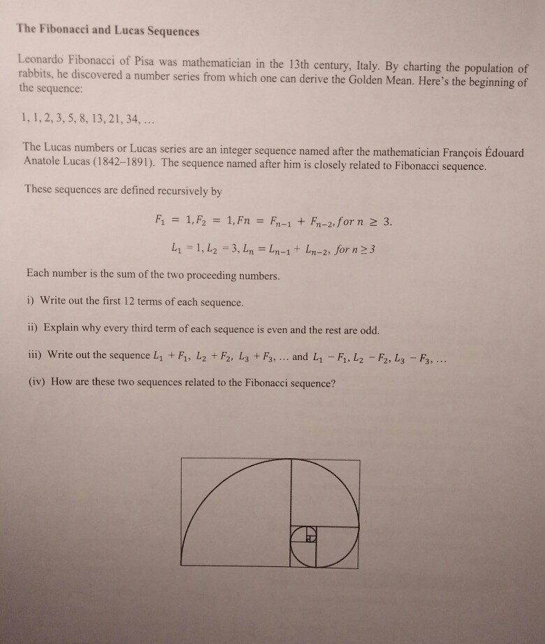 Solved The Fibonacci and Lucas Sequences Leonardo Fibonacci | Chegg.com