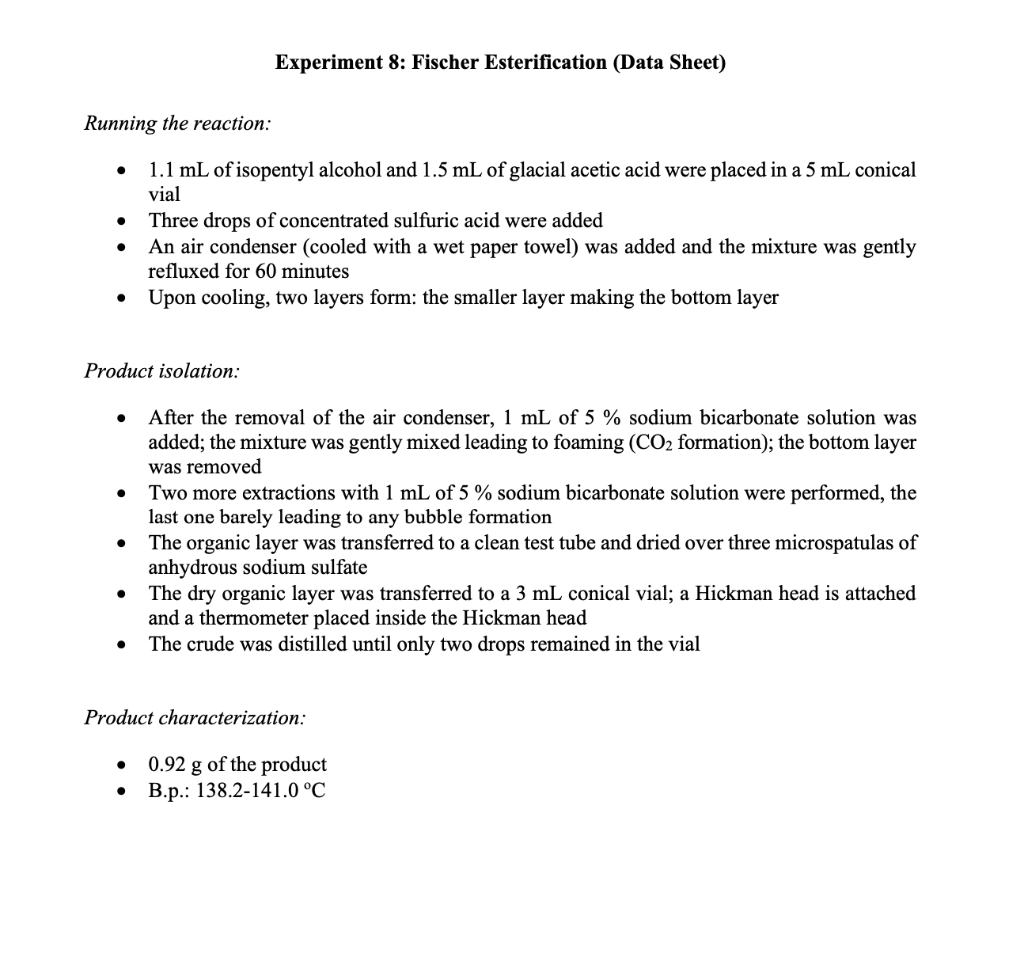 Solved Experiment 8: Fischer Esterification (Data Sheet) | Chegg.com