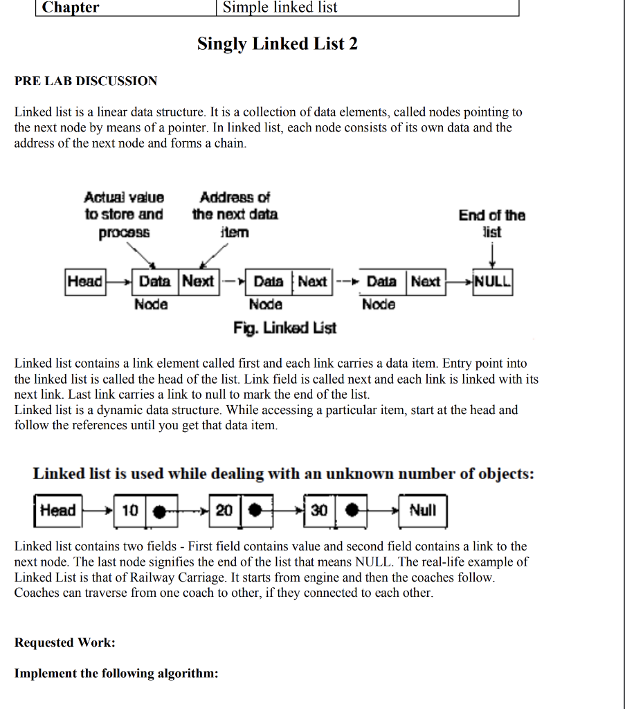Solved Chapter Simple linked list Singly Linked List 2 PRE | Chegg.com