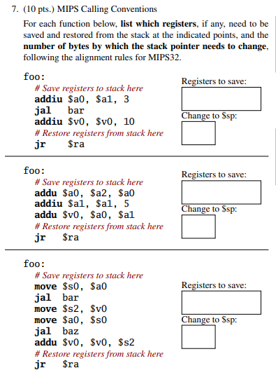 Solved 7. (10 pts.) MIPS Calling Conventions For each | Chegg.com