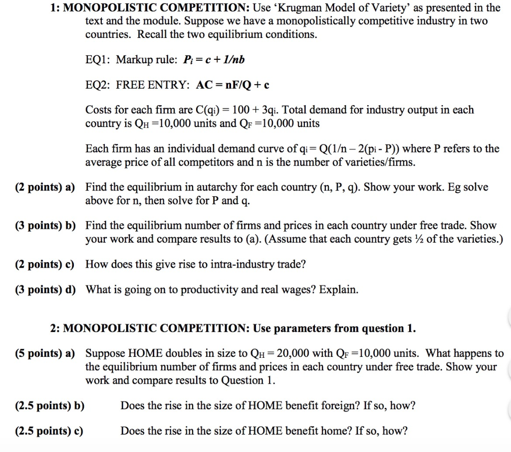 1: MONOPOLISTIC COMPETITION: Use 'Krugman Model of | Chegg.com