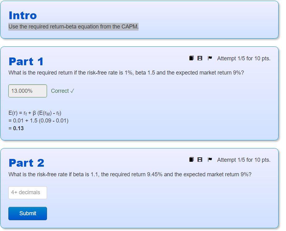 Solved Intro Use the required return-beta equation from the | Chegg.com