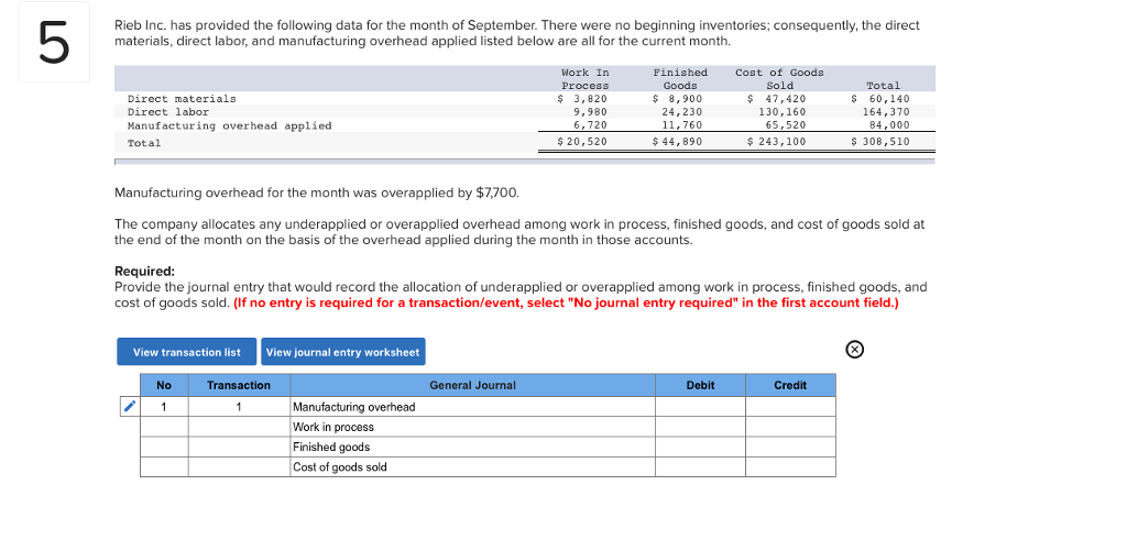 Solved Rieb Inc. has provided the following data for the | Chegg.com