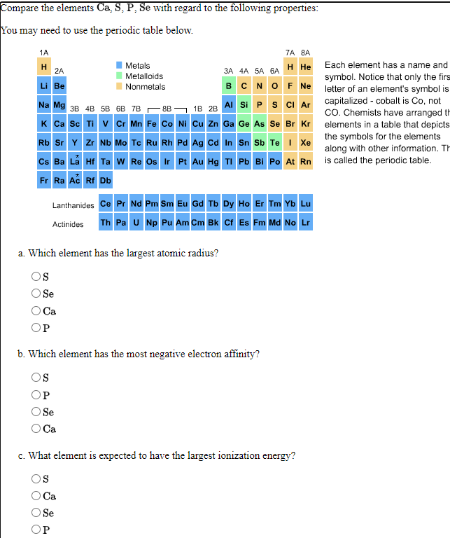 Solved 1A H 2A Compare the elements Ca, S.P. Se with regard | Chegg.com