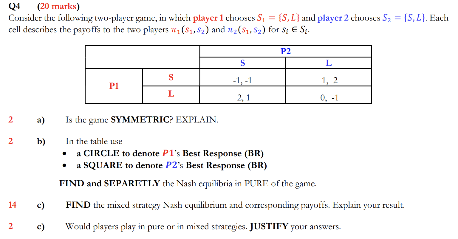 Solved Q4 (20 marks) Consider the following two-player game, | Chegg.com