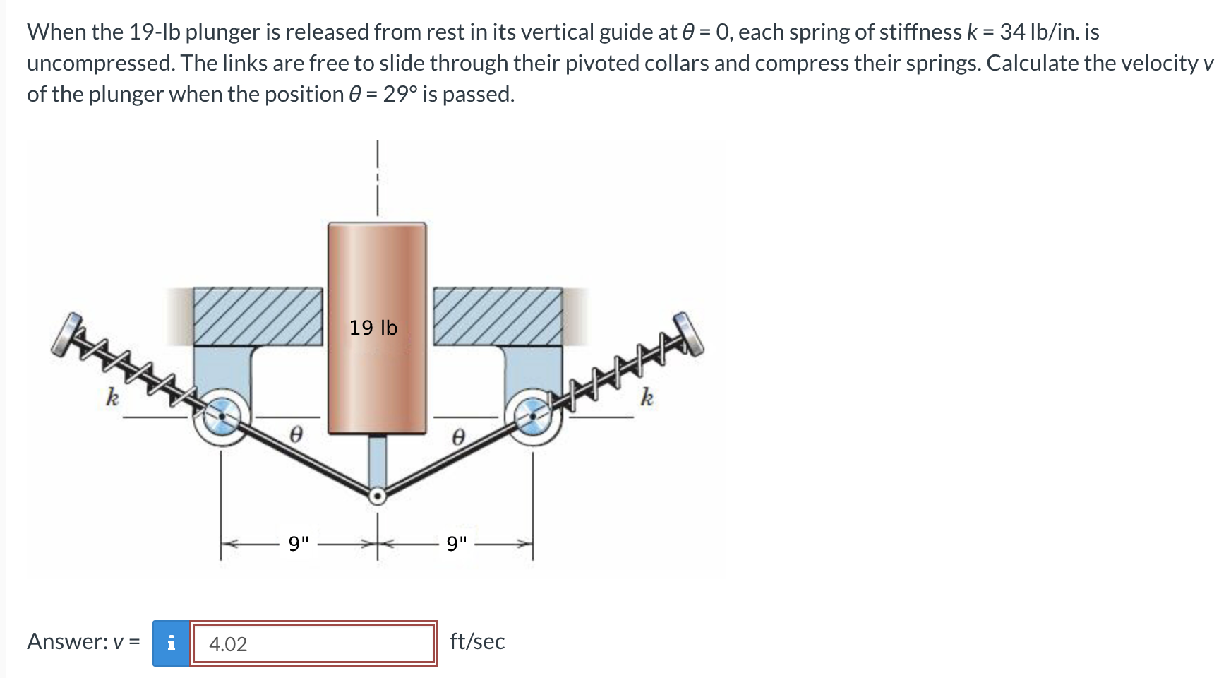 Solved When the 19-lb plunger is released from rest in its | Chegg.com