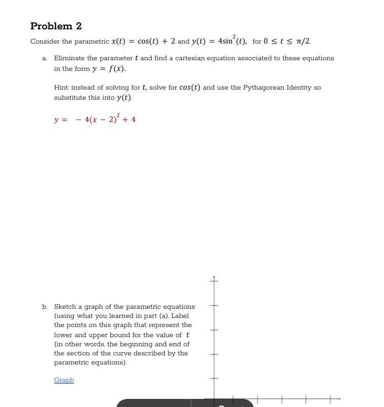 Solved Consider the parametric x(t)=cos(t)+2 and | Chegg.com