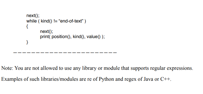 Solved Implement a lexical analyzer (a.k.a. scanner, lexer | Chegg.com