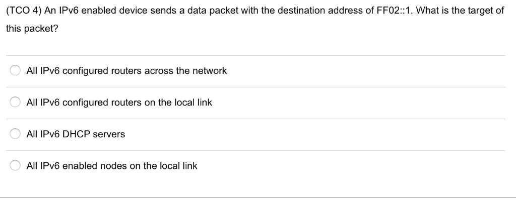 Solved (TCO 4) An IPv6 enabled device sends a data packet | Chegg.com