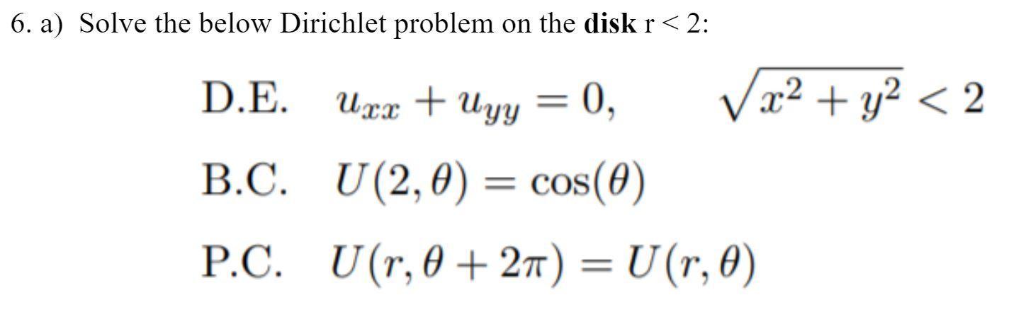 Solved 6. a) Solve the below Dirichlet problem on the disk | Chegg.com