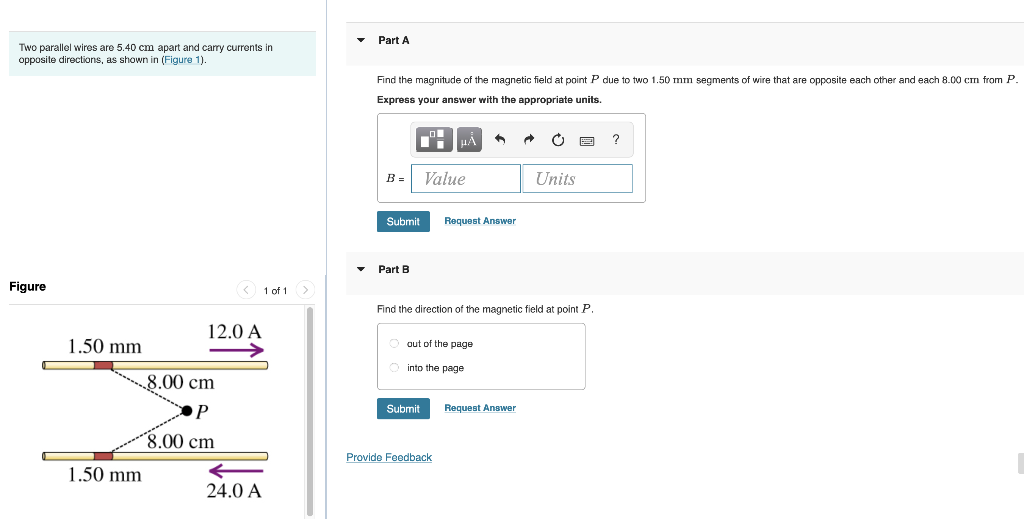 Solved Two parallel wires are 5.40 cm apart and carry | Chegg.com