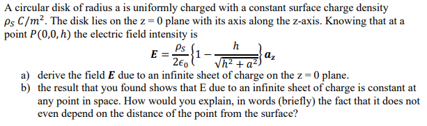 Solved A circular disk of radius a is uniformly charged with | Chegg.com