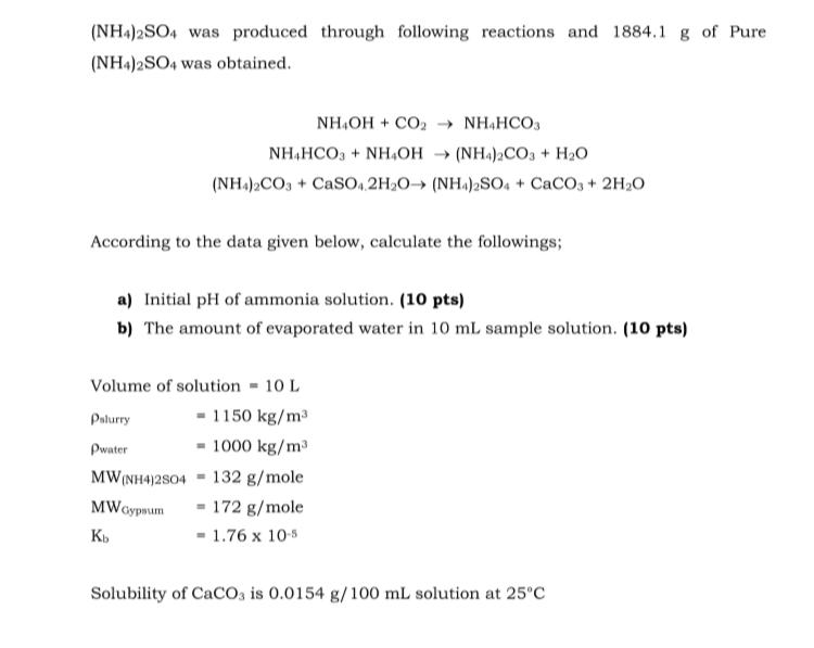 (NH4)2SO4 was produced through following reactions | Chegg.com