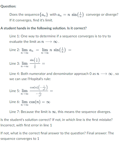 Solved Question: Does the sequence {an} with an=nsin(n1) | Chegg.com