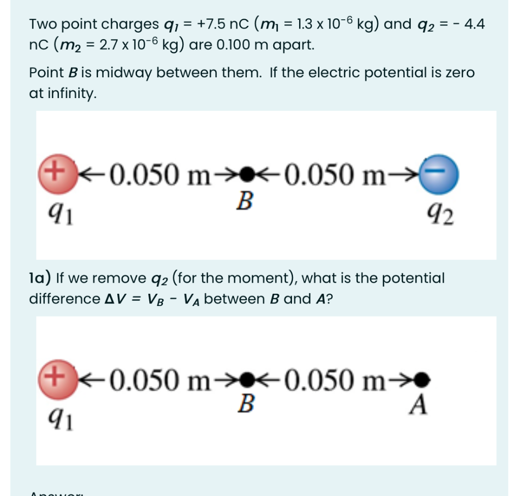 Solved Two point charges q1=+7.5nC(m1=1.3×10−6 kg) and | Chegg.com