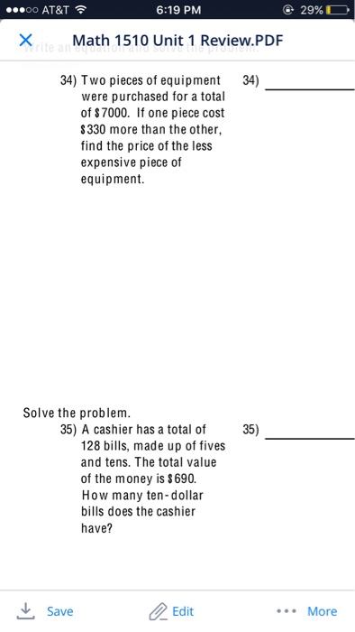 Solved oo AT&T令 6:19 PM @ 29% [ × Math 1510 Unit 1 | Chegg.com
