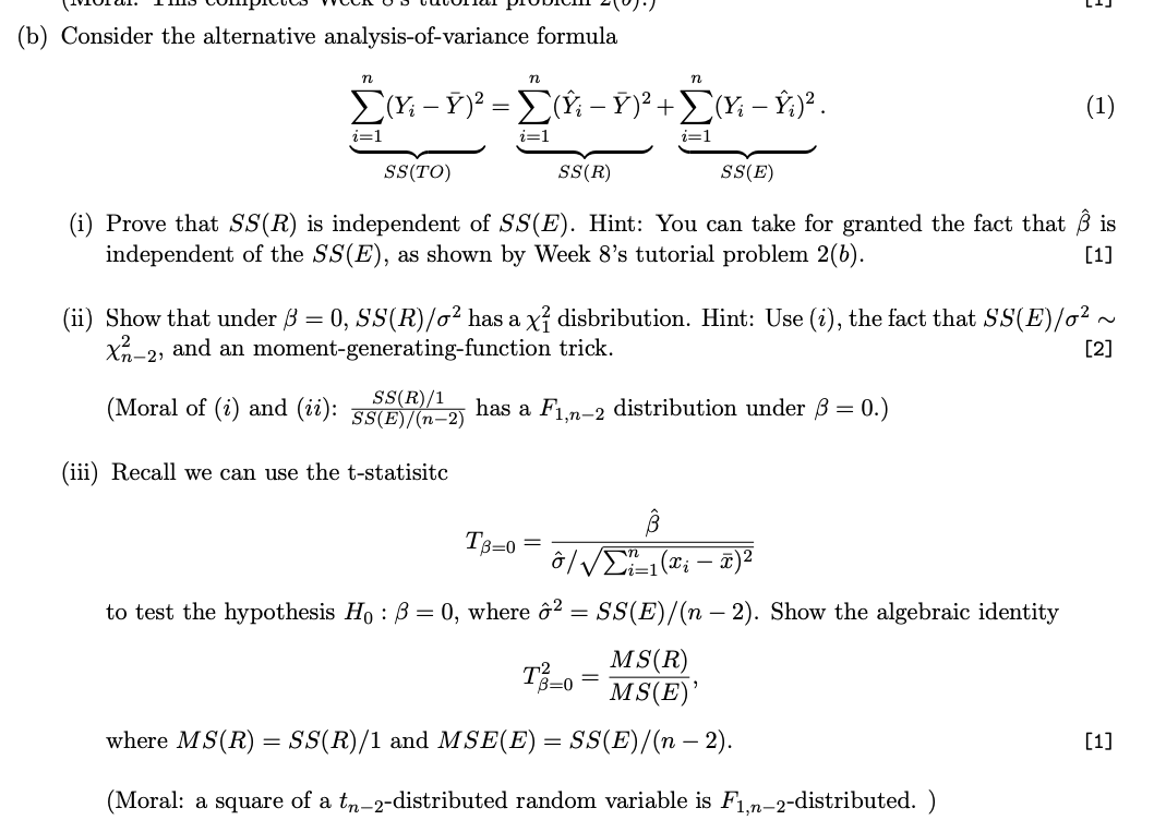 Solved (b) Consider the alternative analysis-of-variance | Chegg.com