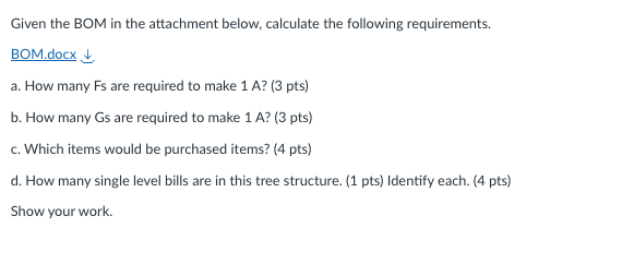 Given the BOM in the attachment below, calculate the | Chegg.com