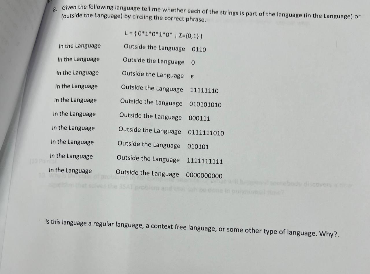 8. Given the following language tell me whether each | Chegg.com